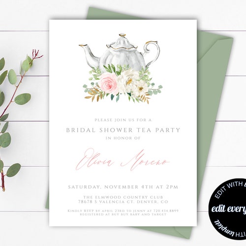 Bridal Tea Party Invitation Floral High Tea Shower Invite Time Etsy