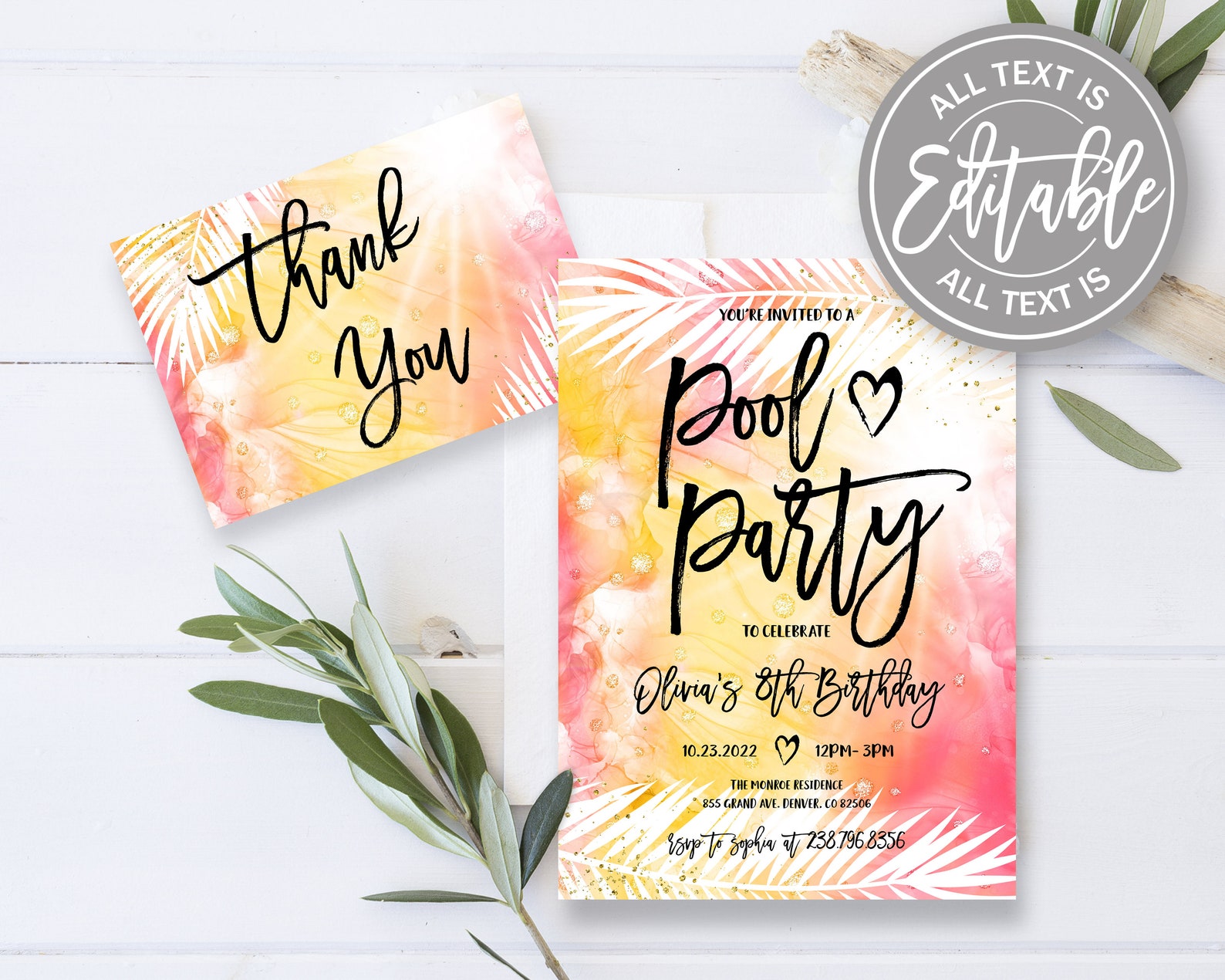 Editable Pool Pink and Yellow Party Invitation Template Pool Birthday ...