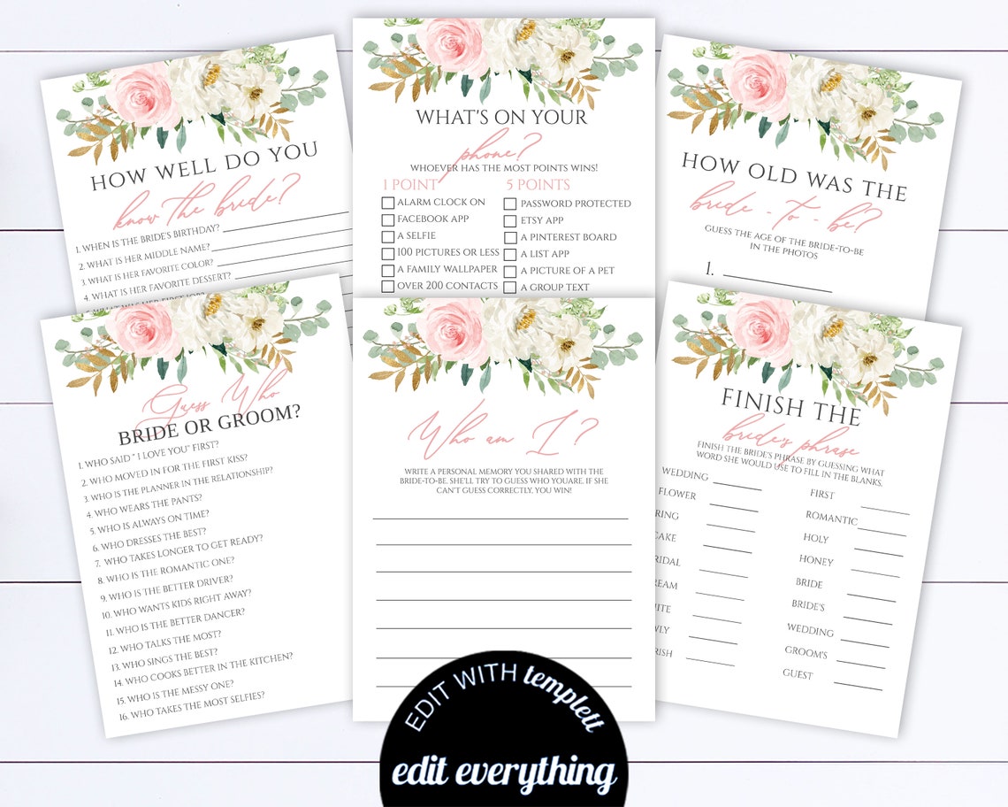 Pink Floral Bridal Shower Games Package Pink Floral Wedding | Etsy