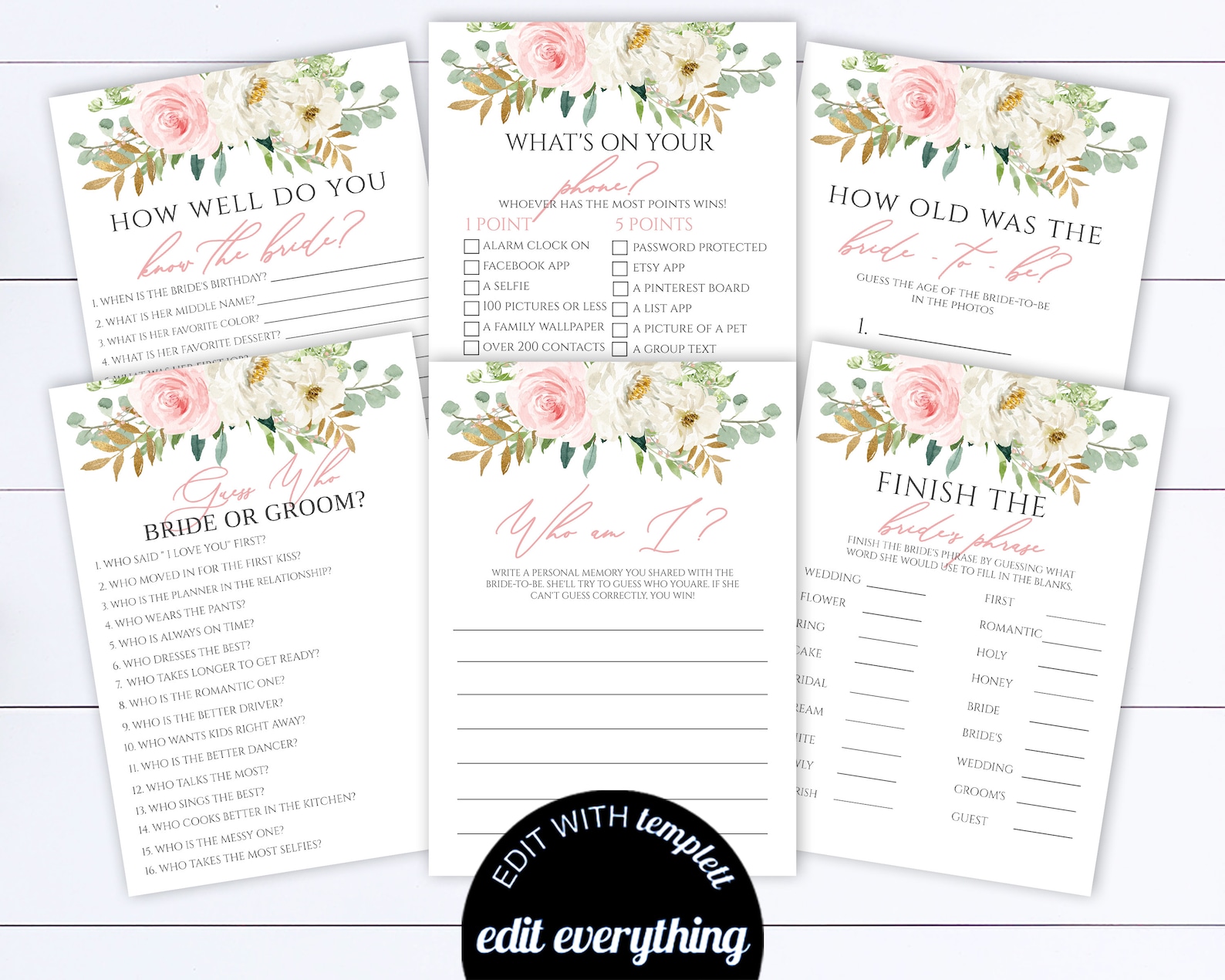 Pink Floral Bridal Shower Games Package Pink Floral Wedding Shower Game ...