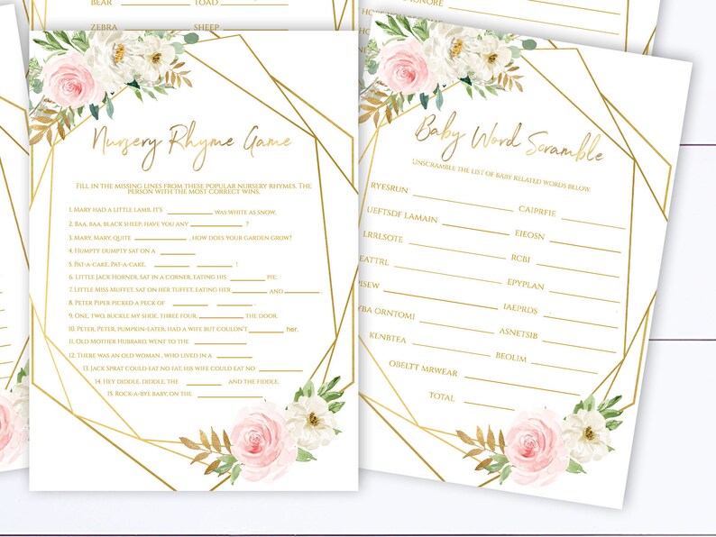 Pink Floral Baby Shower Games Printable Baby Shower Games Package Baby ...