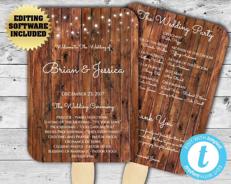 Country Wedding Program Fan Template Rustic Wedding Program | Etsy