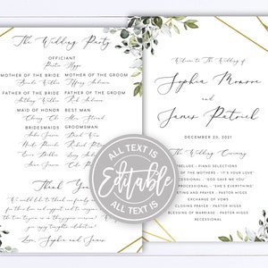Editable Wedding Program Template Greenery Ceremony Program DIY Wedding Programs Modern Tea ...