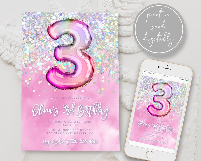 Editable Pink 3rd Birthday Invitation Template Glitter - Etsy