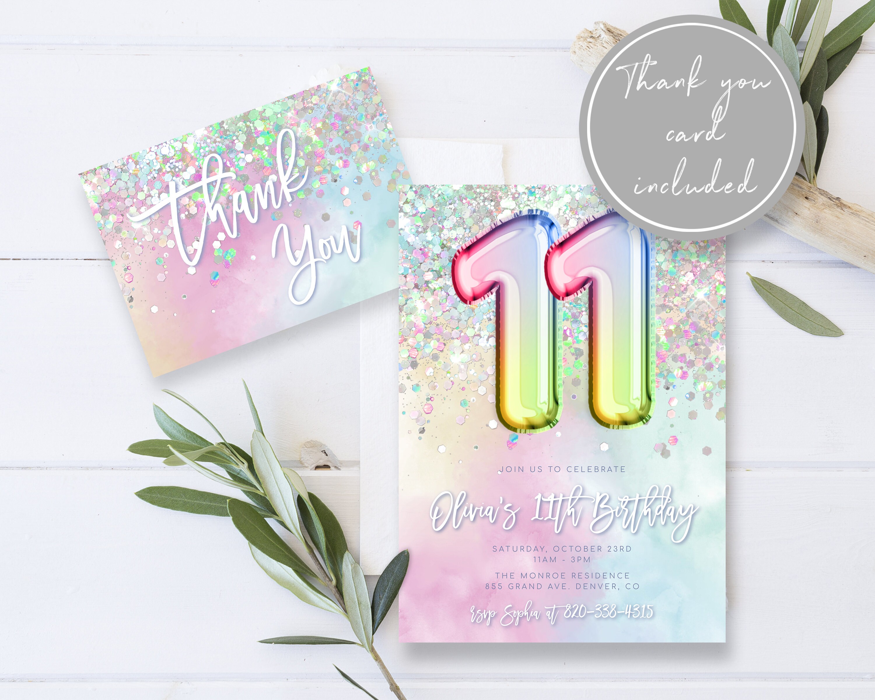 Editable 11th Birthday Invitation Template Rainbow Glitter Etsy Australia