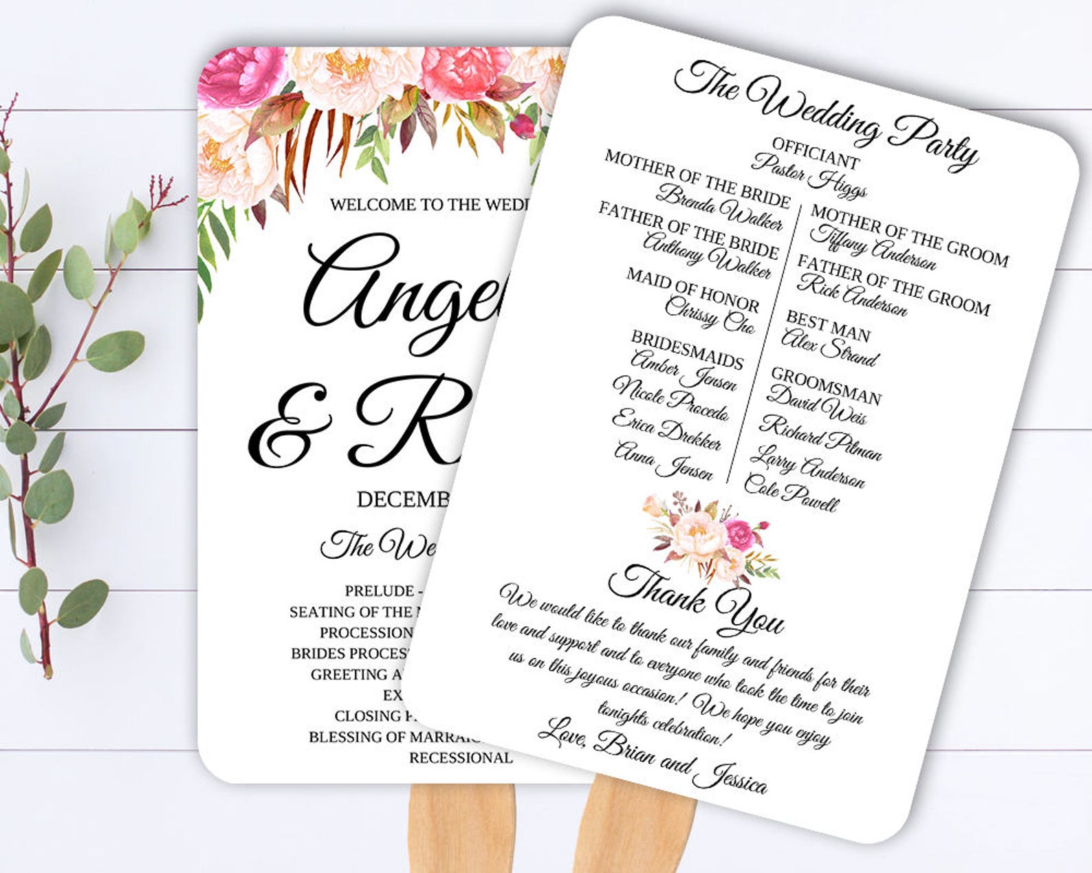 Wedding Program Fan Floral Program Fan Printable Program - Etsy
