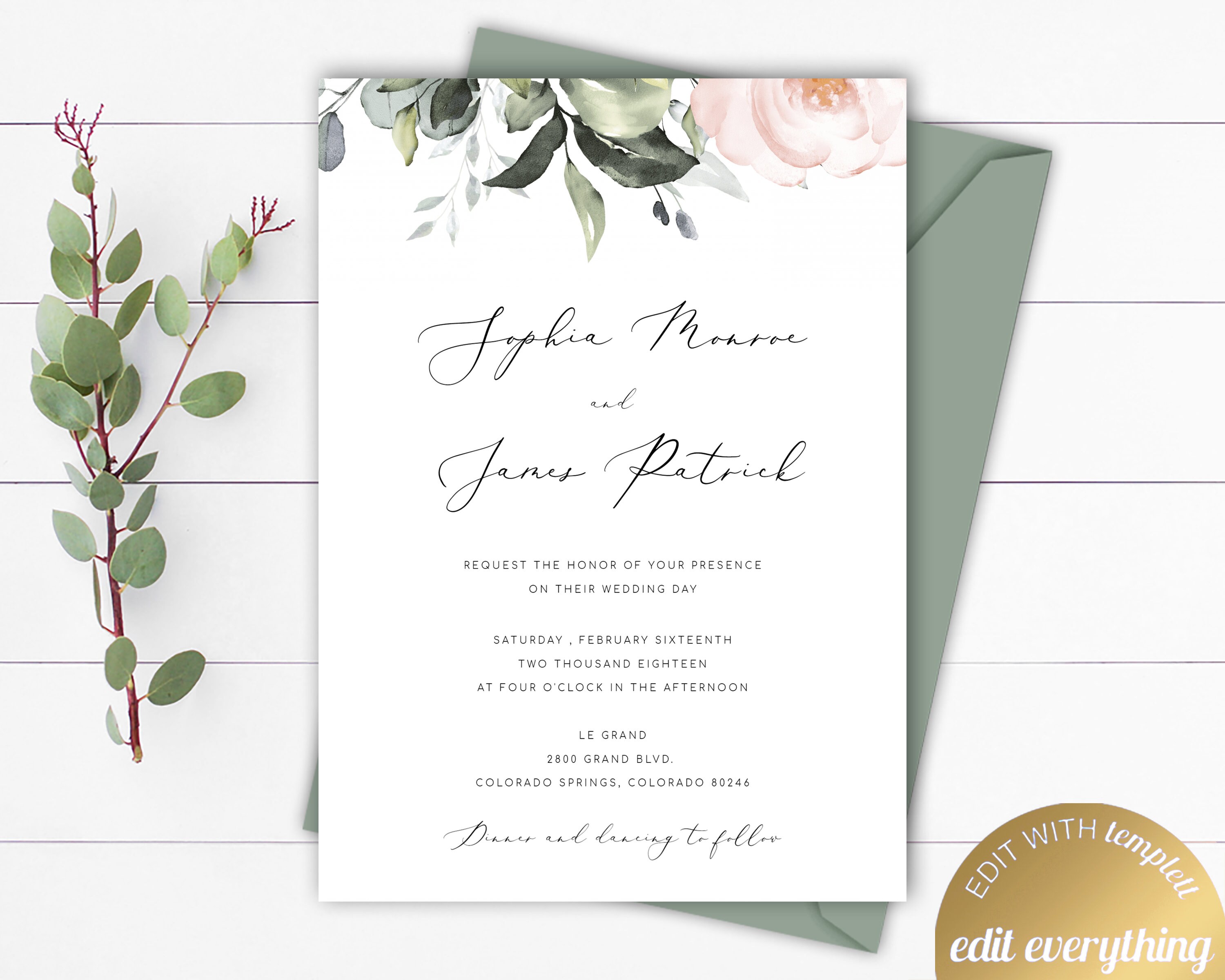 Blush Floral Wedding Invitation Templates Blush Wedding | Etsy