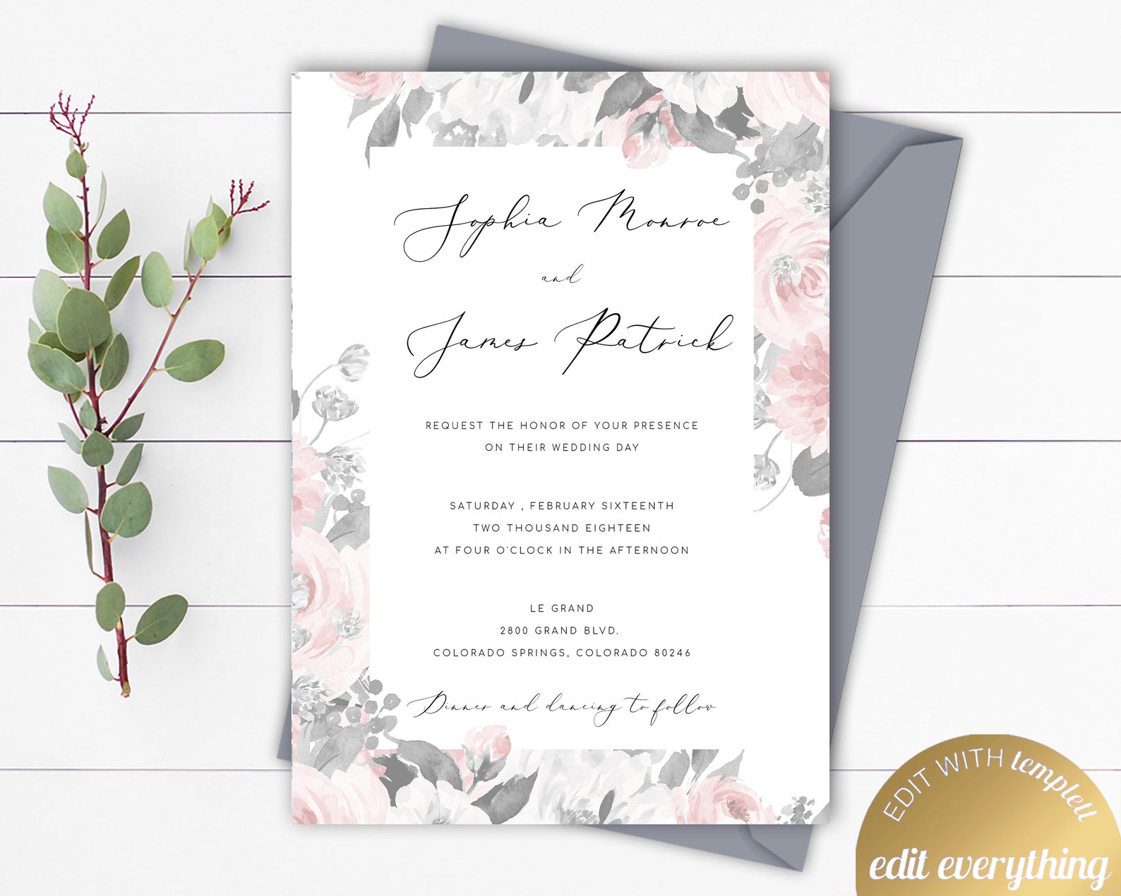 Blush Floral Wedding Invitation Templates Gray Wedding - Etsy