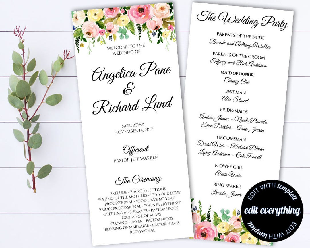 Tea Length Wedding Program Template Floral Ceremony Program Instant ...