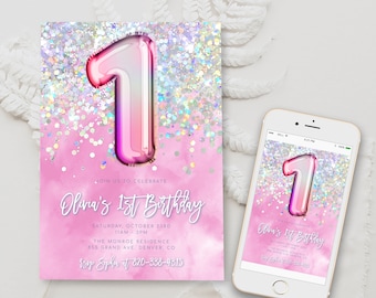 Editable Pink 8th Birthday Invitation Template Glitter Birthday Party Invite Rainbow Foil Girl ...