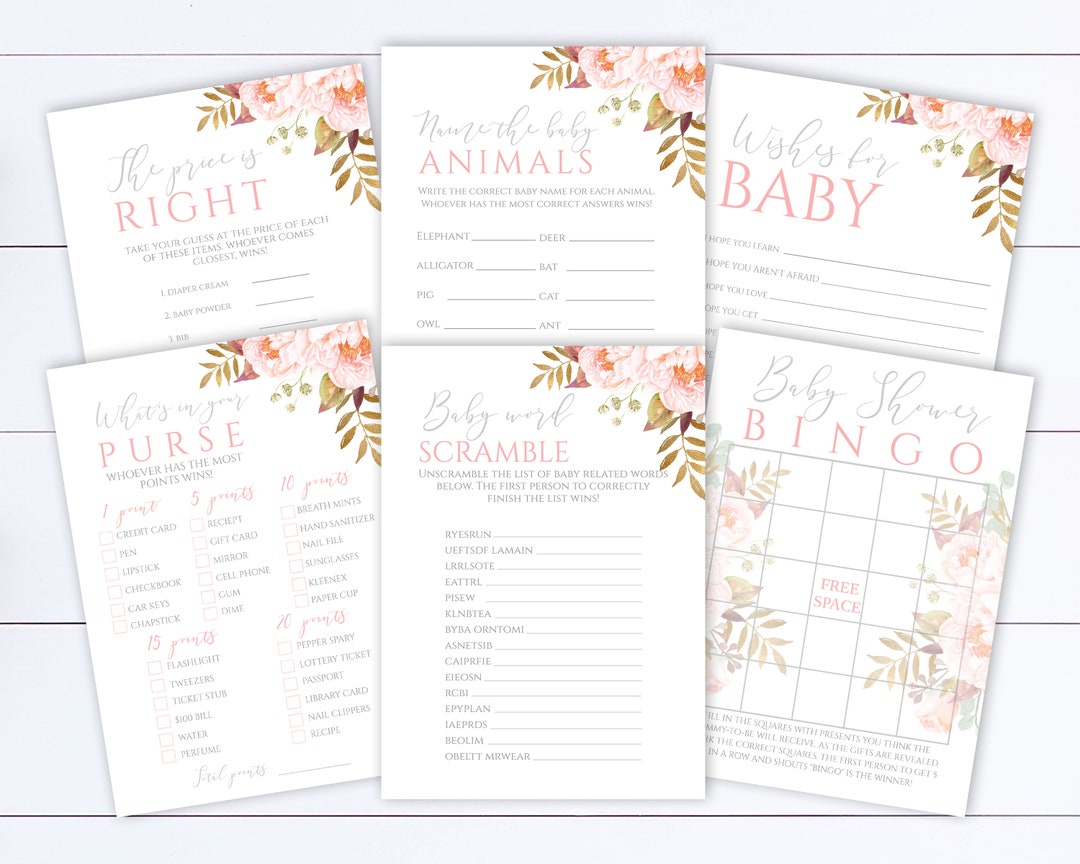 Pink Floral Baby Shower Games Printable Baby Shower Games Package Baby ...