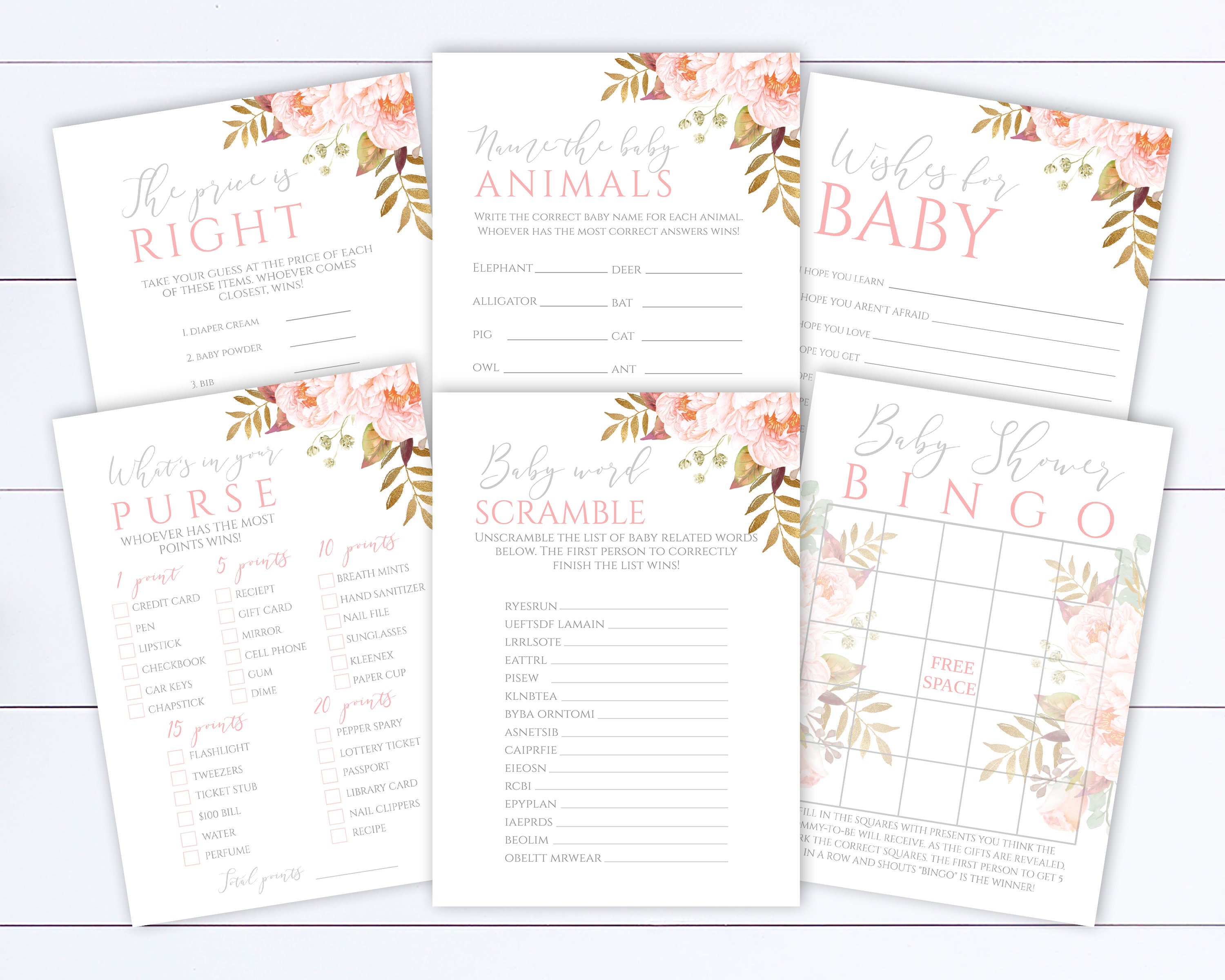 Pink Floral Baby Shower Games Printable Baby Shower Games | Etsy