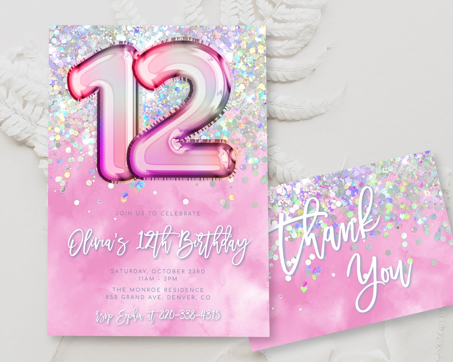 Editable Pink 12th Birthday Invitation Template Glitter Birthday Party ...