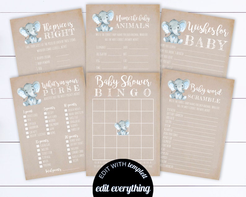 Elephant Baby Shower Games Printable Baby Shower Games Package Baby ...
