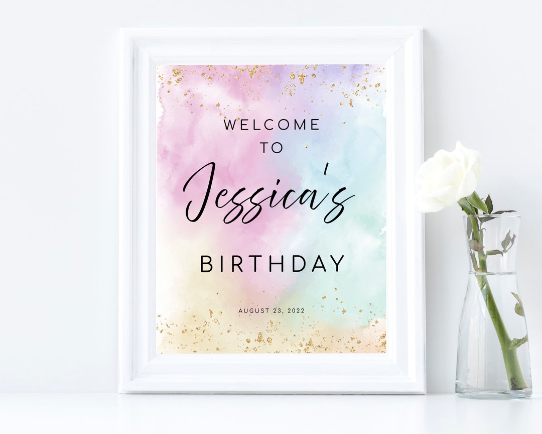 Editable Rainbow Watercolor Birthday Welcome Sign Template Glitter ...
