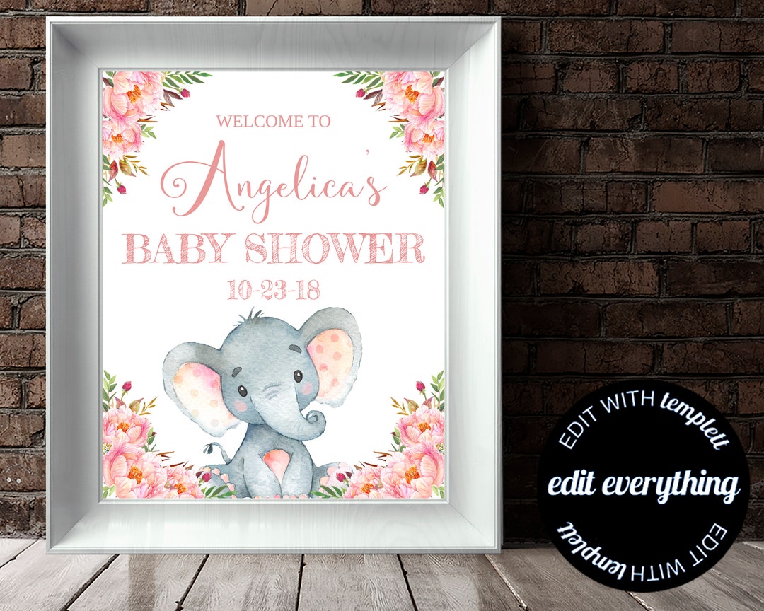 Pink Elephant Floral Baby Shower Welcome Sign Baby Welcome Sign Pink ...
