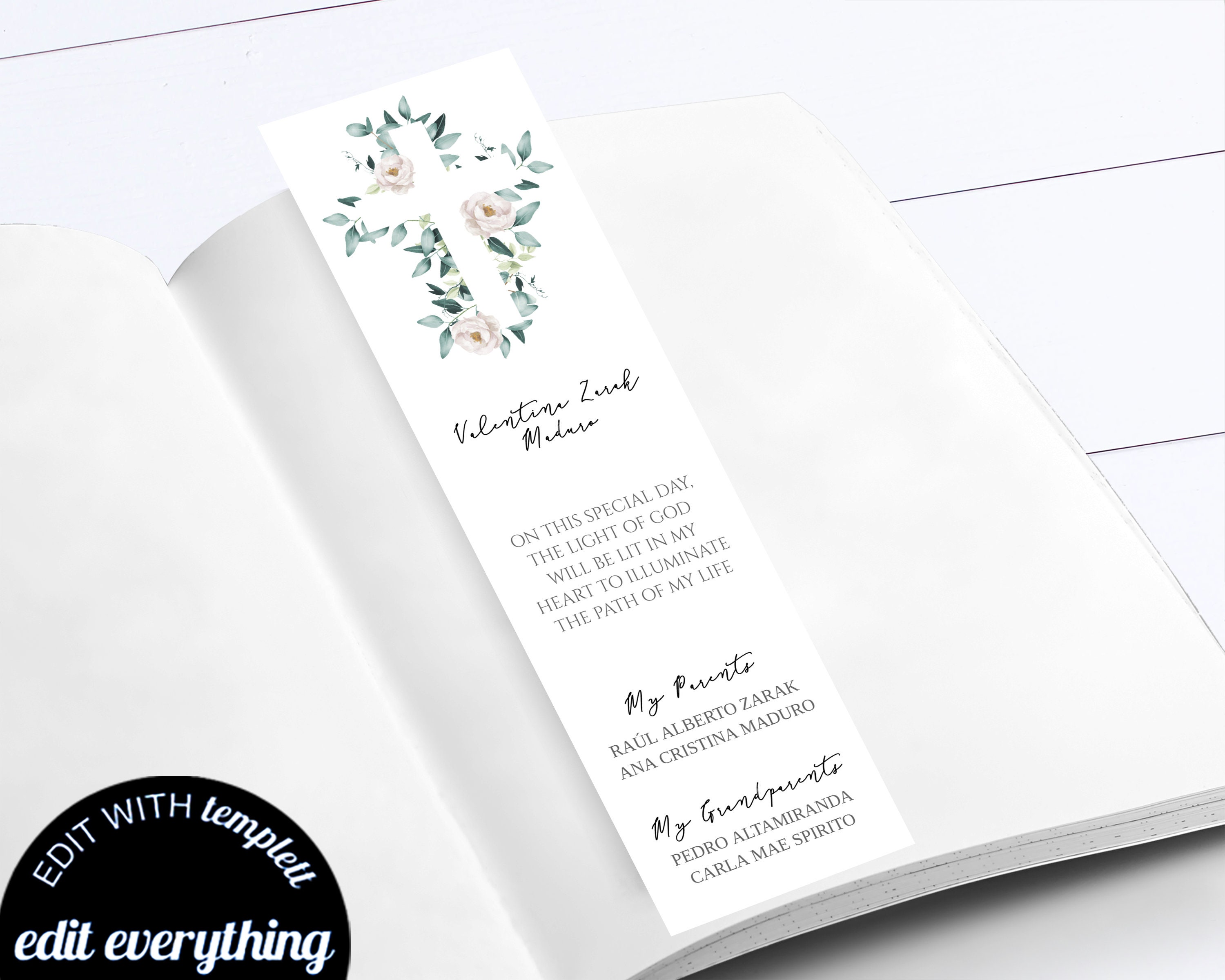 Greenery Baptism Bookmark Template Baptism Printable Bookmark DIY ...