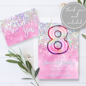 Editable Pink 8th Birthday Invitation Template Glitter Birthday Party ...