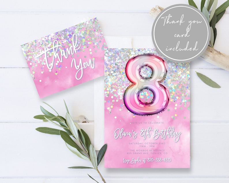 Editable Pink 8th Birthday Invitation Template Glitter Birthday Party ...