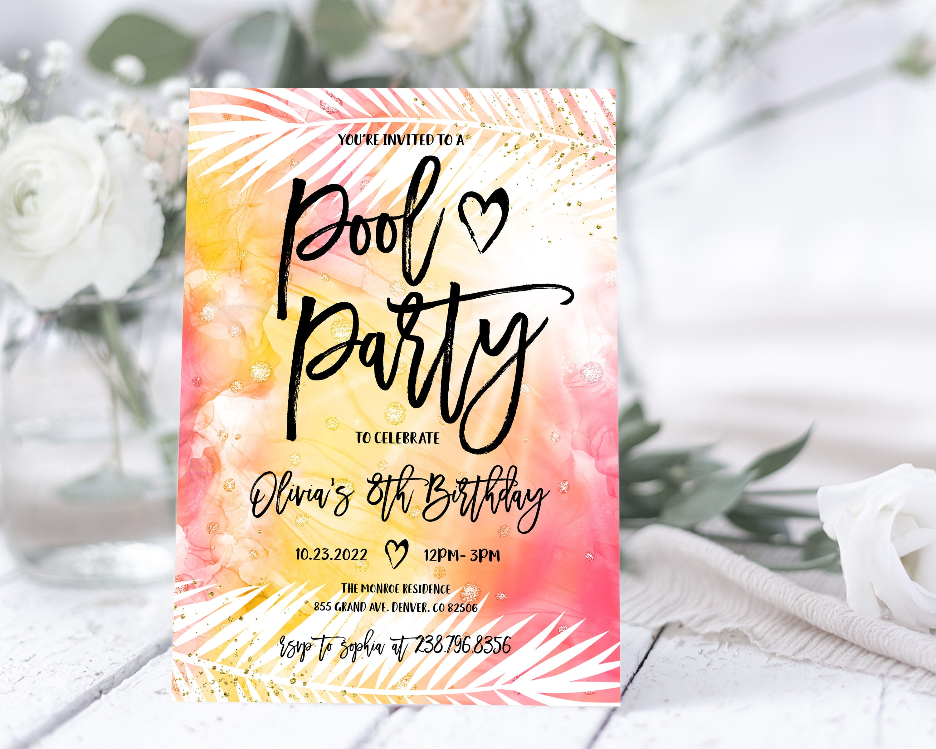 Editable Pool Pink and Yellow Party Invitation Template Pool Birthday ...