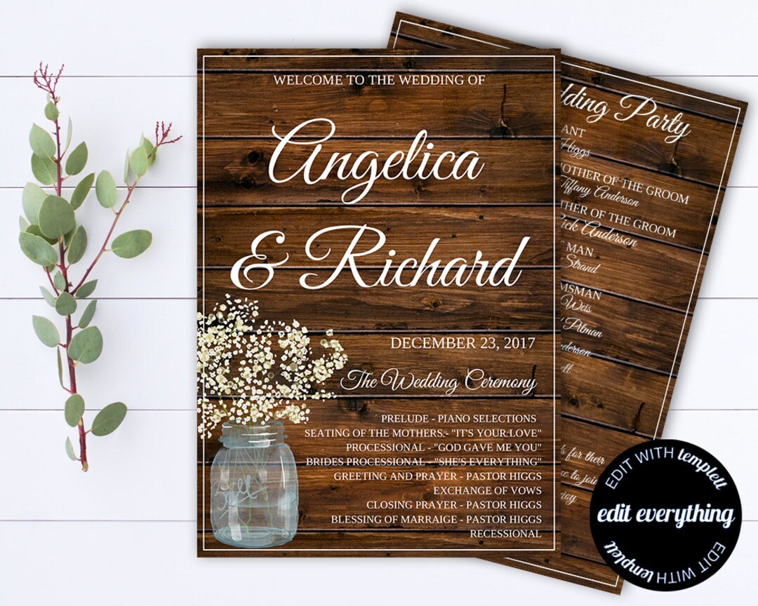 Rustic Wedding Program Template - Printable Wedding Program - Editable ...