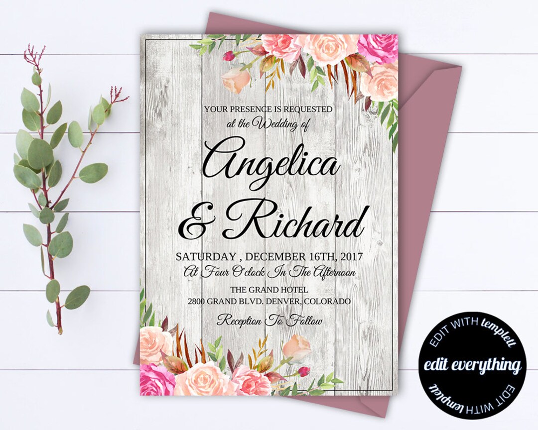 Rustic Floral Wedding Invitation Template Barn Wedding Template Floral ...