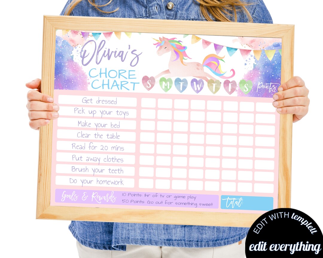 Editable Unicorn Chore Chart Unicorn Kids Chore Chart Unicorn Weekly ...