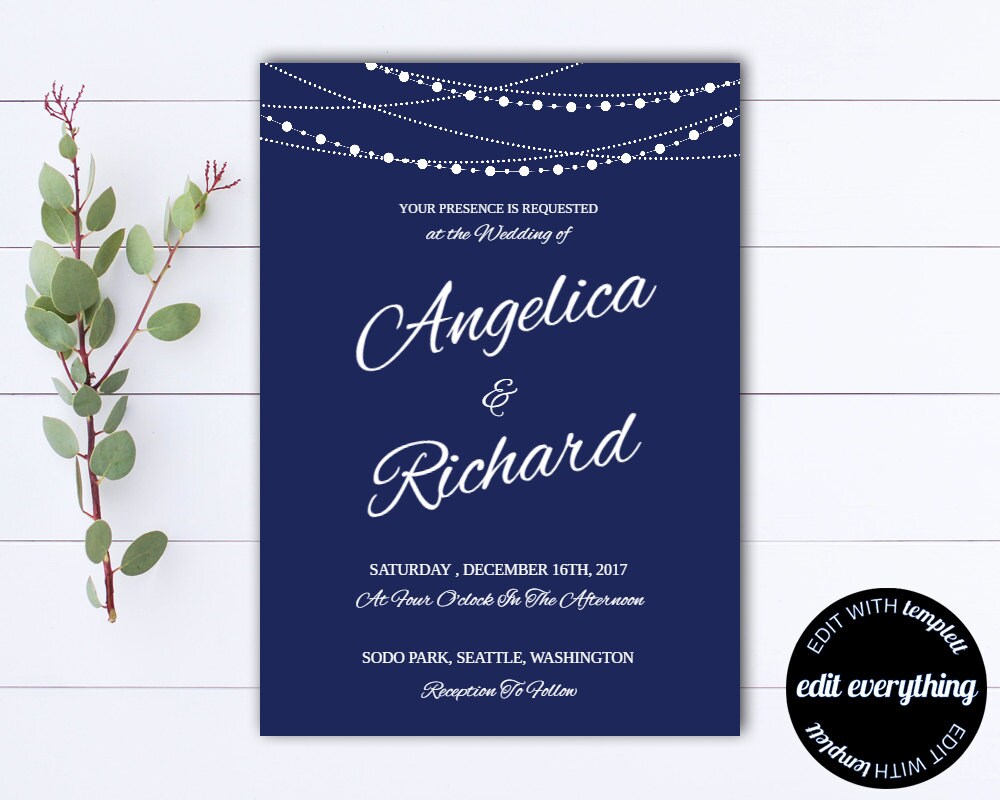 Navy Blue Wedding Invitation Template Blue Wedding Instant - Etsy
