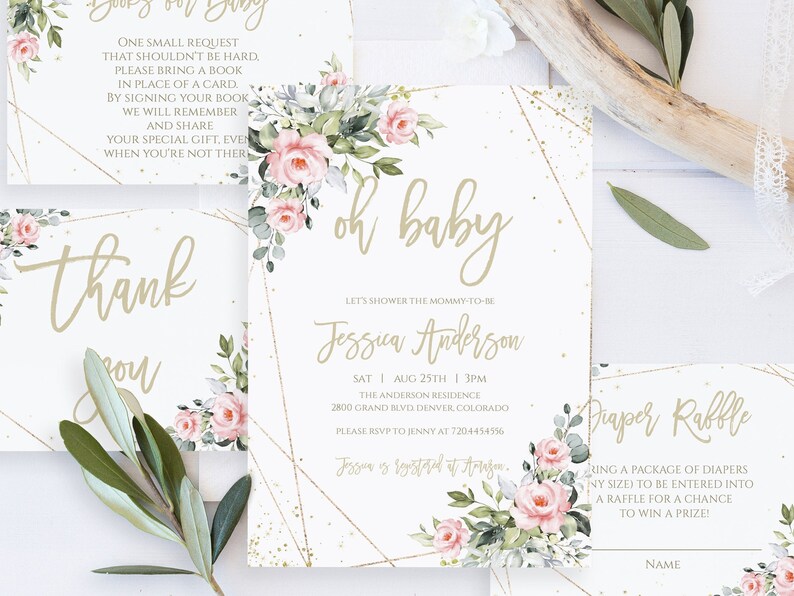 Pink Floral Gold Geometric Baby Shower Invitation Floral Baby | Etsy
