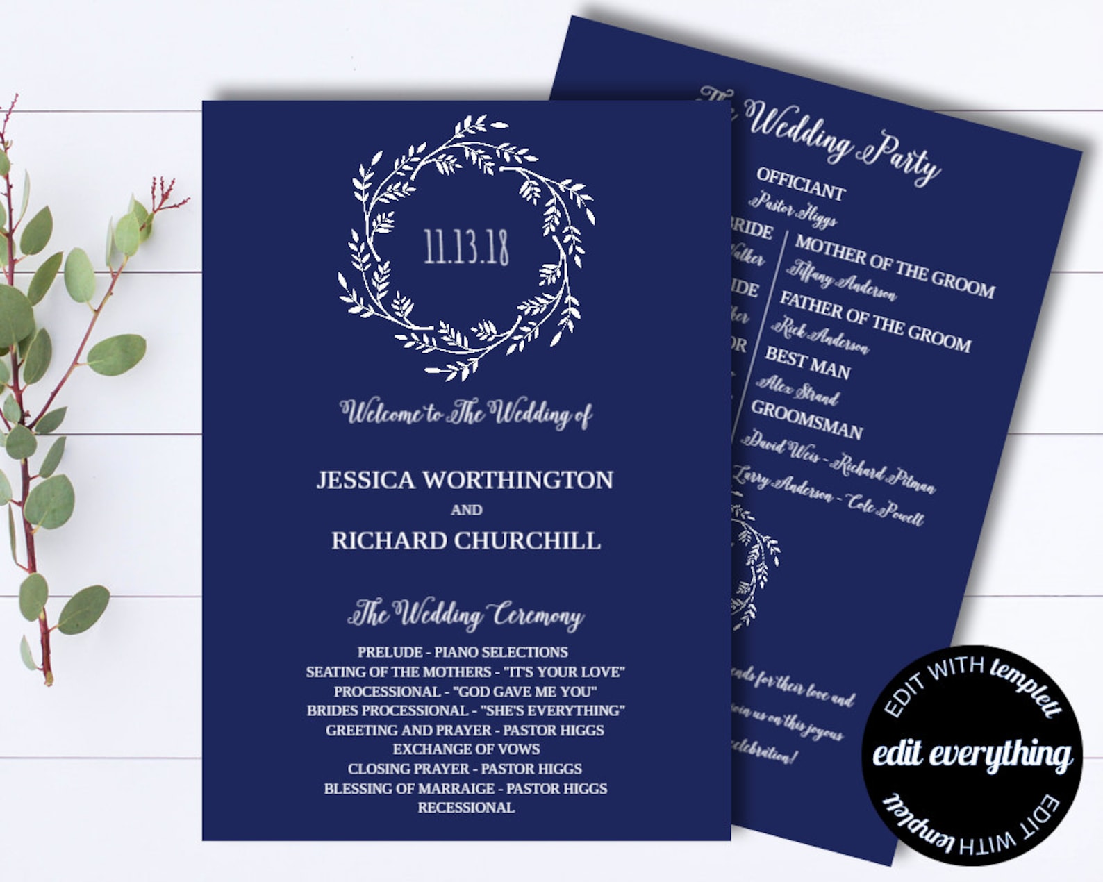 Navy Blue Wedding Program Template Blue Printable Program | Etsy