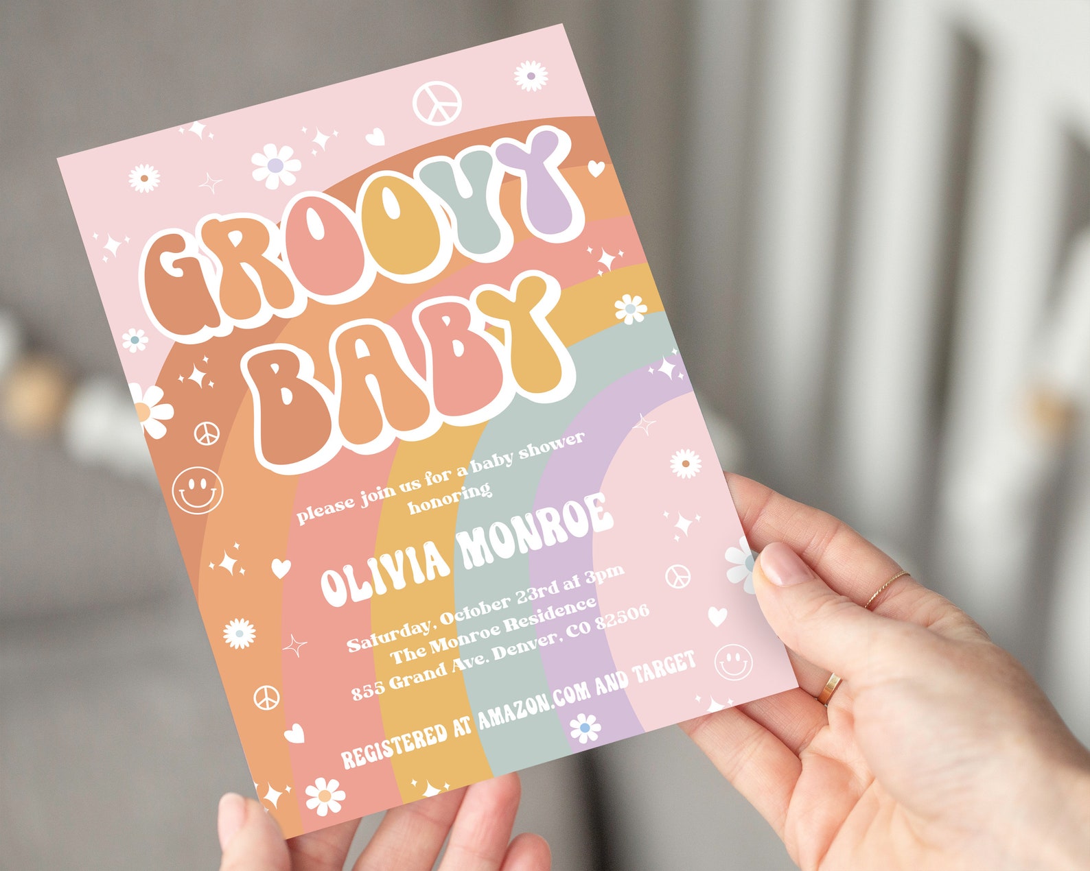 Editable Groovy Baby Shower Invitation Template 70's Retro Baby Shower ...