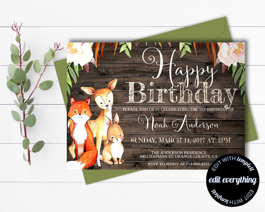 Woodland Birthday Party Invitation Template - Rustic Birthday ...