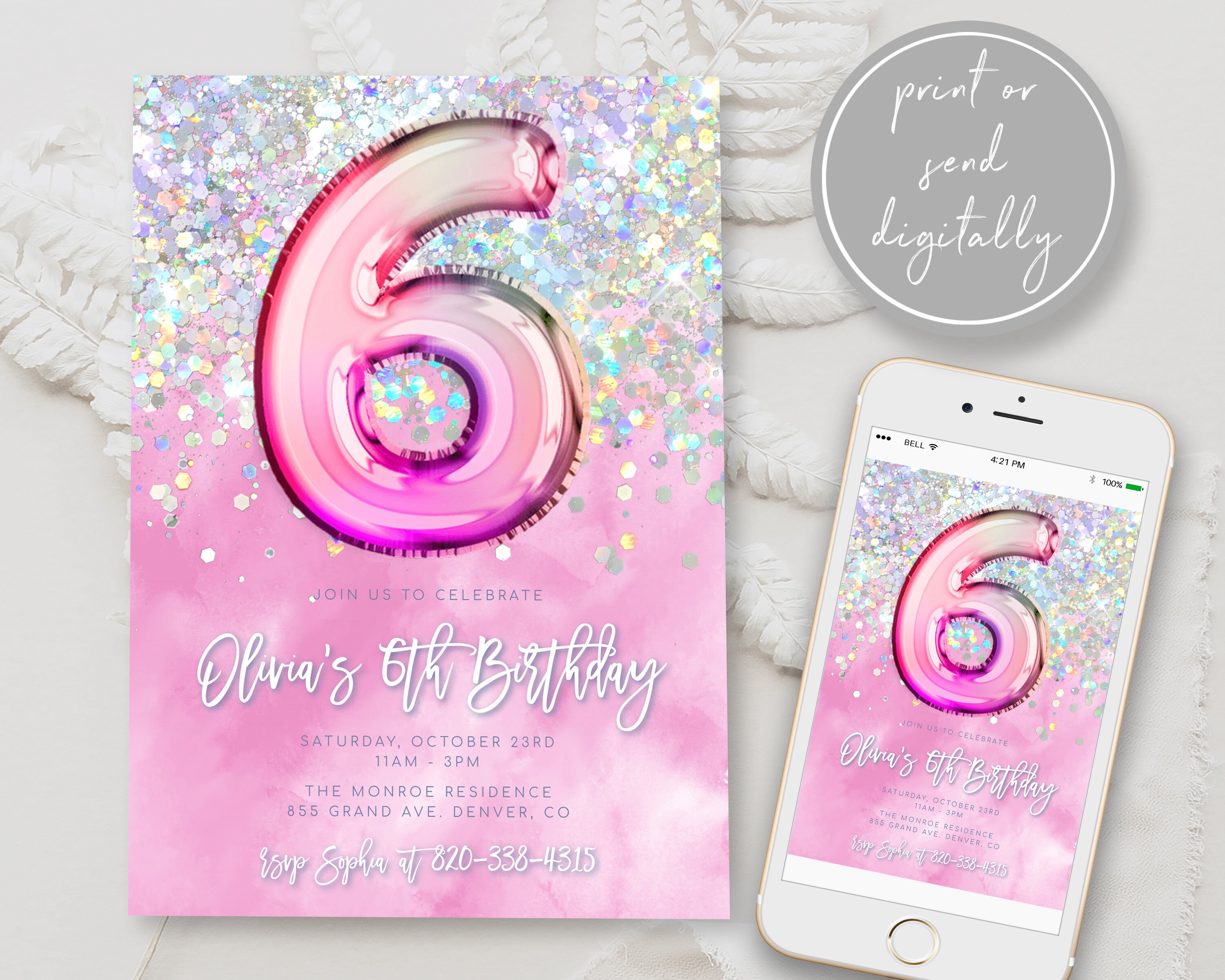 Editable Pink 6th Birthday Invitation Template Glitter Birthday Party ...