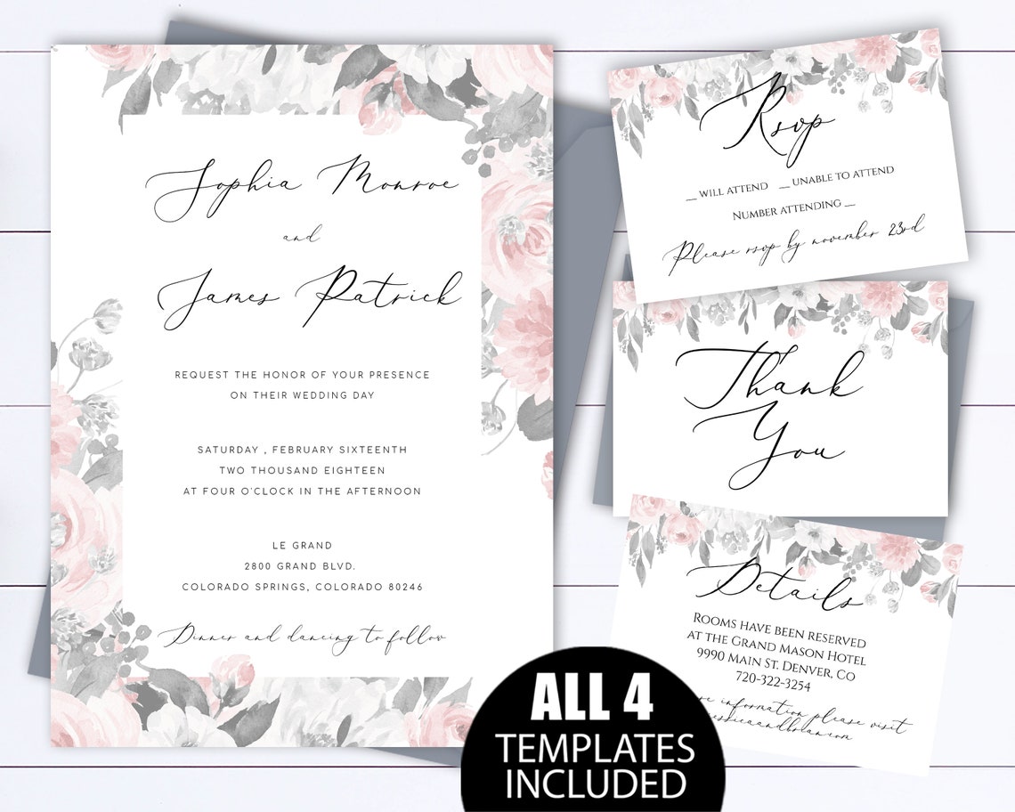 Blush Floral Wedding Invitation Templates Gray Wedding | Etsy