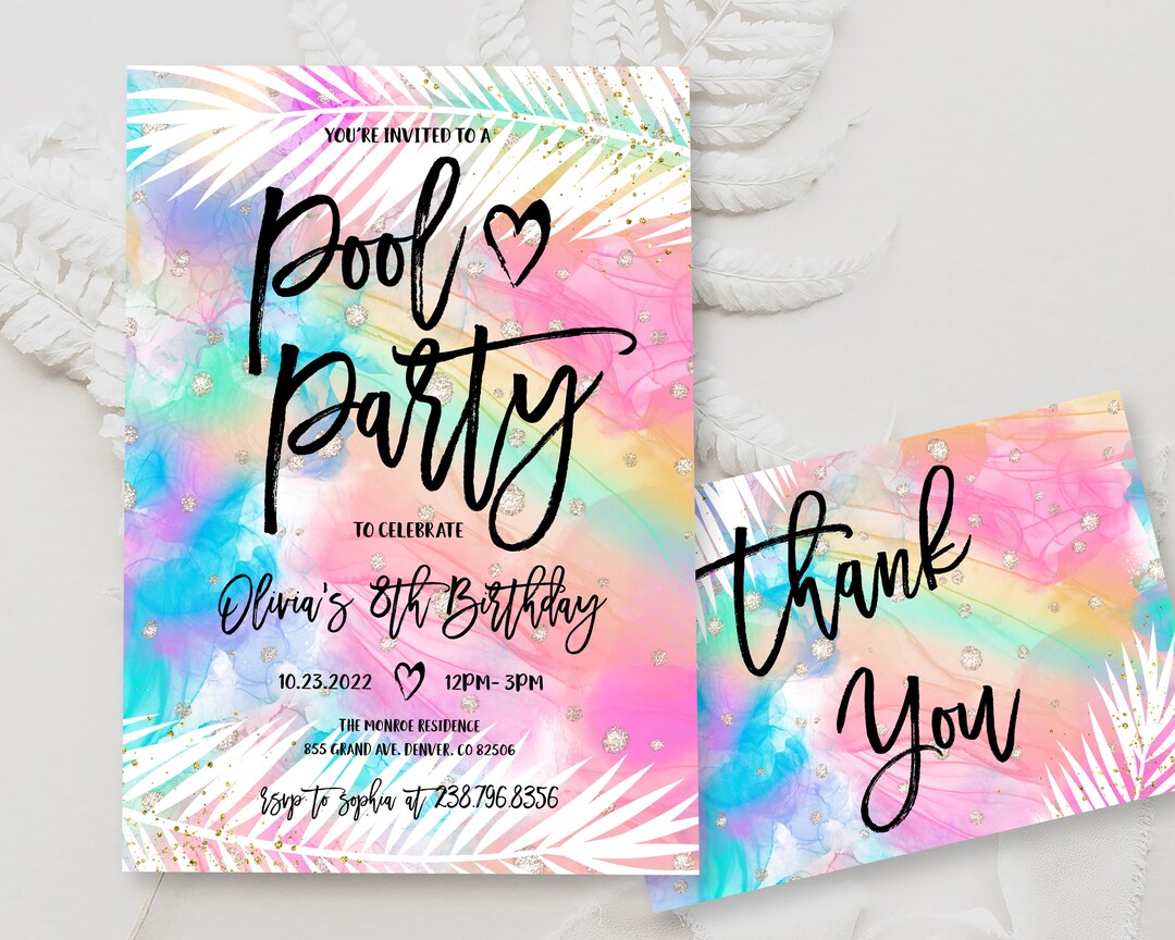 Editable Pool Party Invitation Template Pastel Rainbow Pool Birthday ...