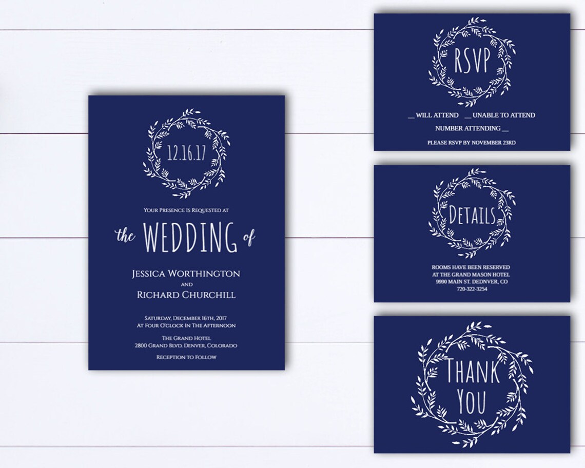 Navy Blue Wedding Invitation Template Instant Download | Etsy