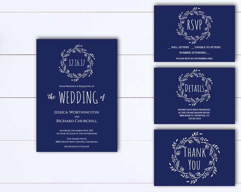 Navy Blue Wedding Invitation Template Instant Download - Etsy