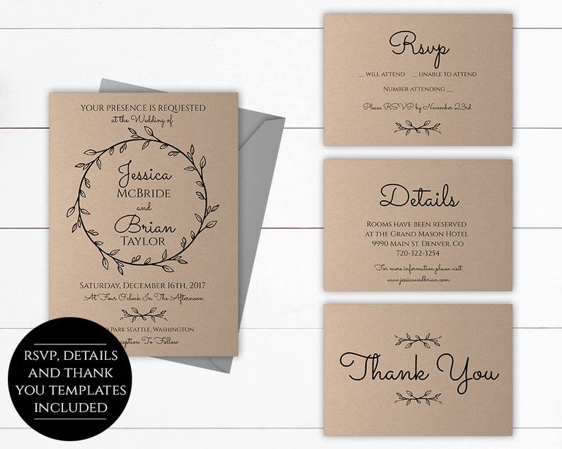 Kraft Wedding Invitation Template Rustic Wedding Invitation - Etsy