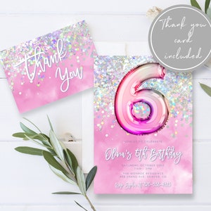 Editable Pink 6th Birthday Invitation Template Glitter Birthday Party ...