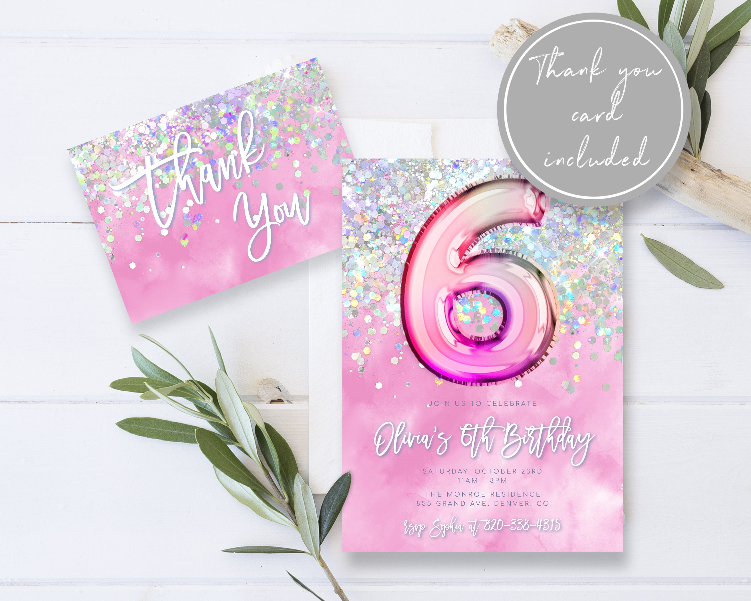 Editable Pink 6th Birthday Invitation Template Glitter Birthday Party ...