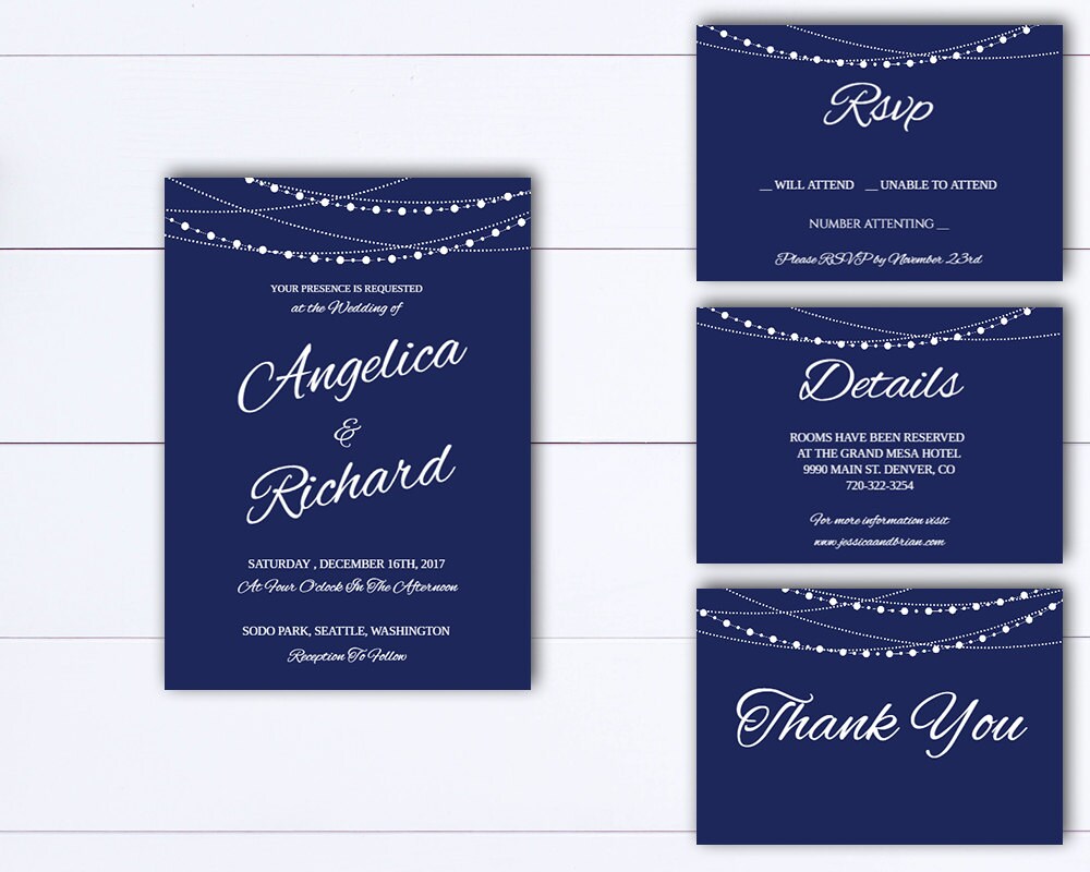 Navy Blue Wedding Invitation Template Blue Wedding Instant - Etsy