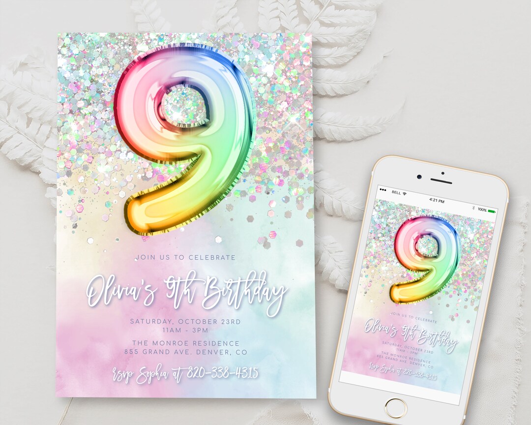 Editable 9th Birthday Invitation Template Rainbow Glitter Birthday ...