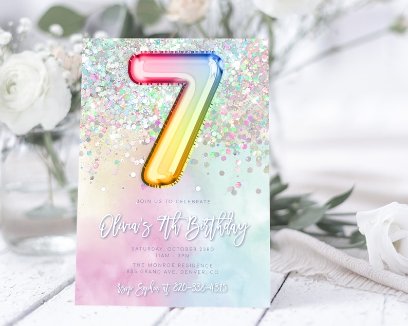 Editable 7th Birthday Invitation Template Rainbow Glitter - Etsy