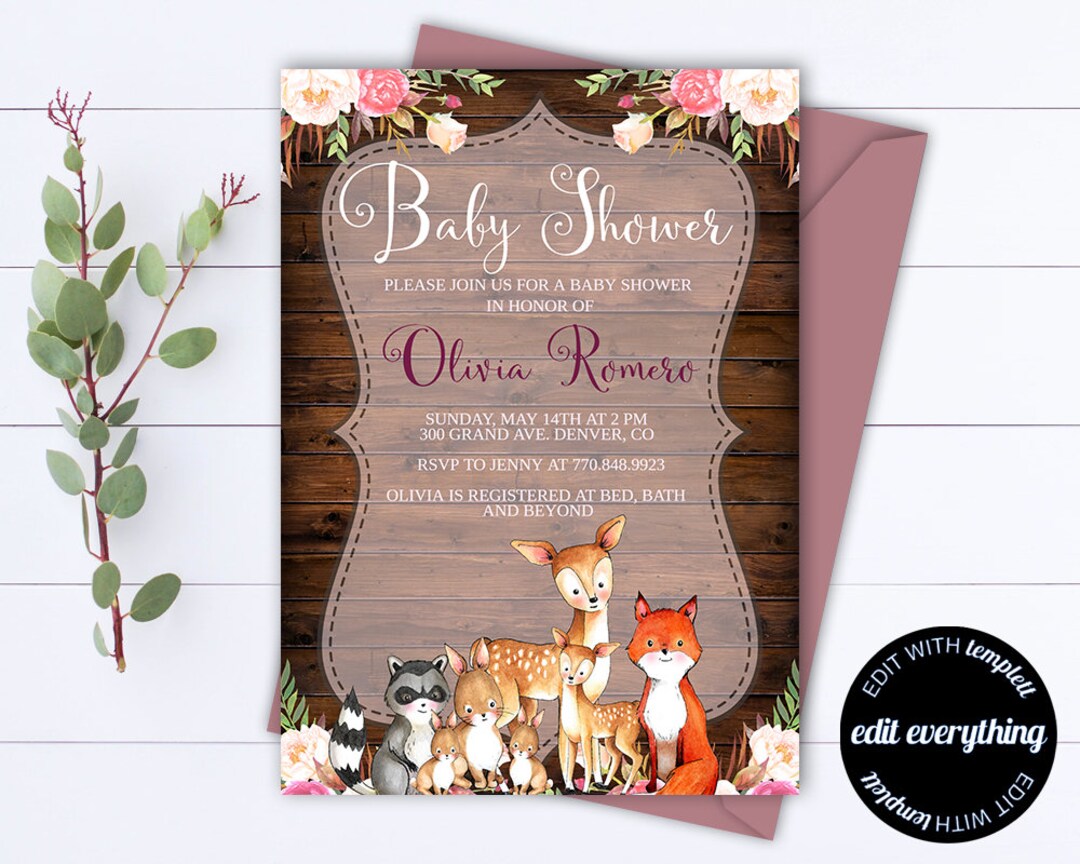 Rustic Baby Shower Invitation Template Girl Baby Shower Invite Woodland ...