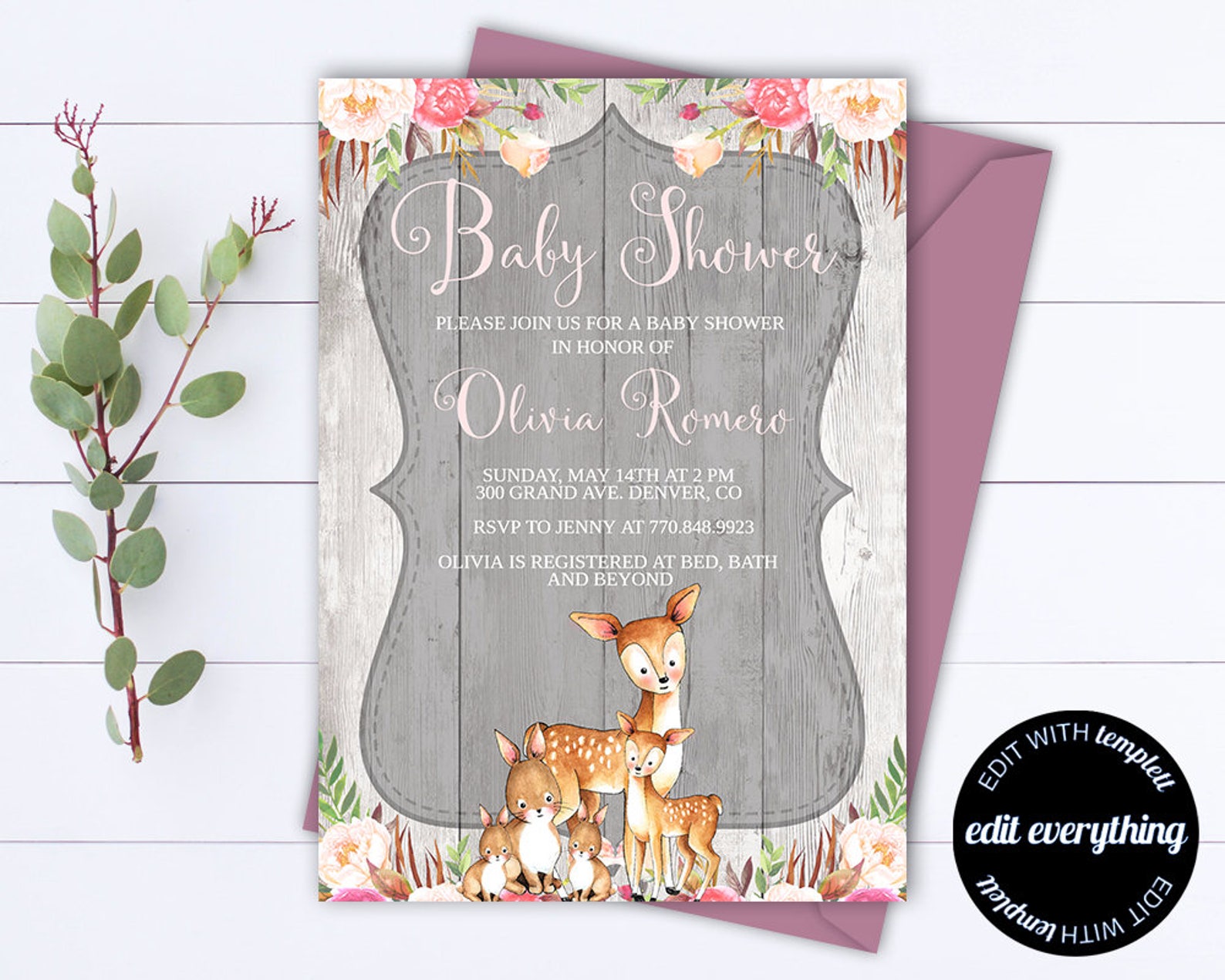 Rustic Baby Shower Invitation Girl Baby Shower Invite Woodland | Etsy
