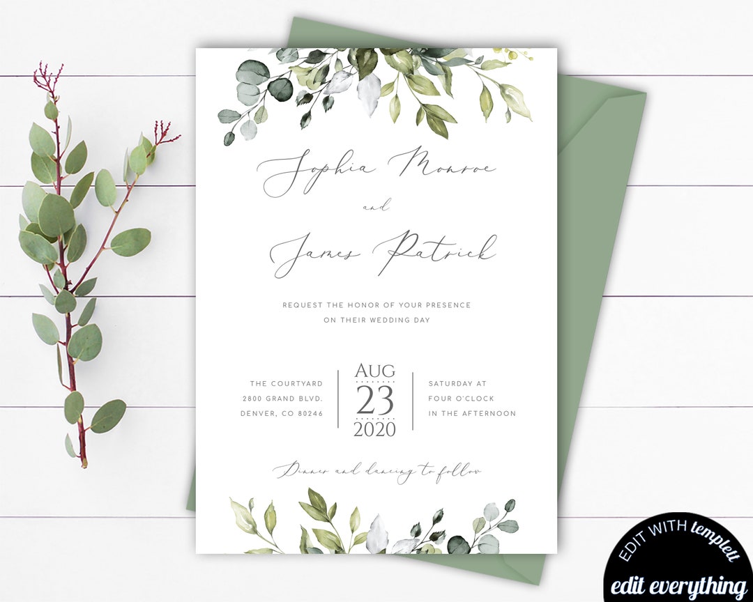 Greenery Wedding Invitation Template Greenery Modern Wedding Invitation ...