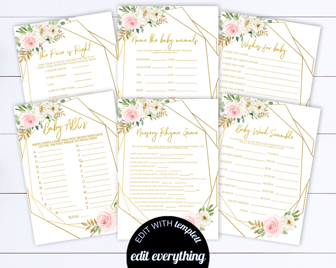 Editable Pink Floral Baby Shower Games Printable Baby Shower Games ...