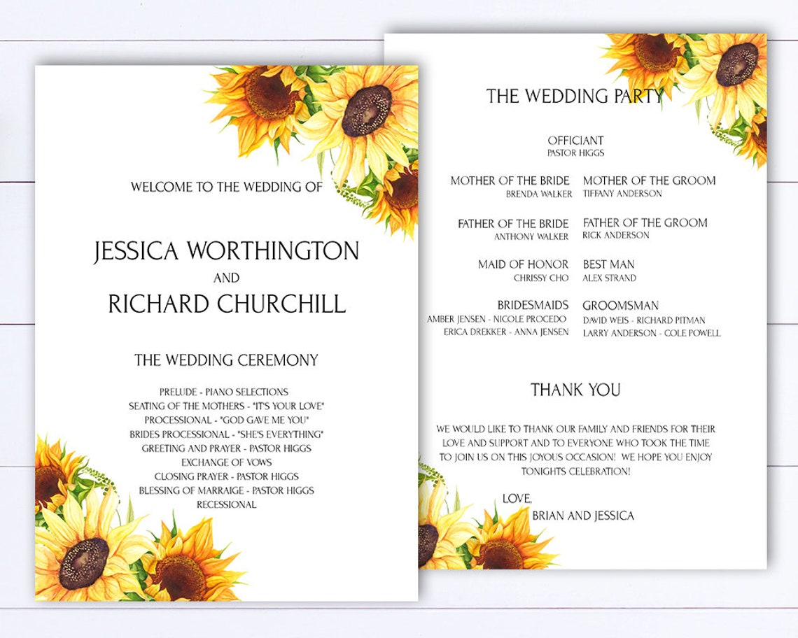 Sunflower Wedding Program Template Sunflower Floral Program | Etsy