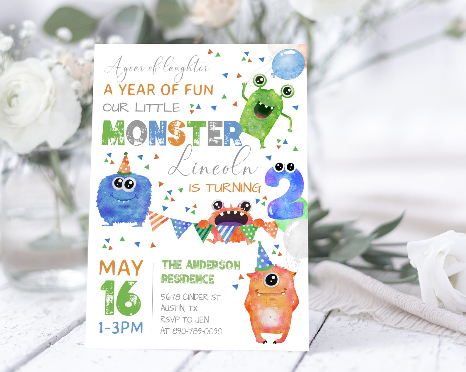 Editable Monster Birthday Party Invitation Template 2nd Birthday ...