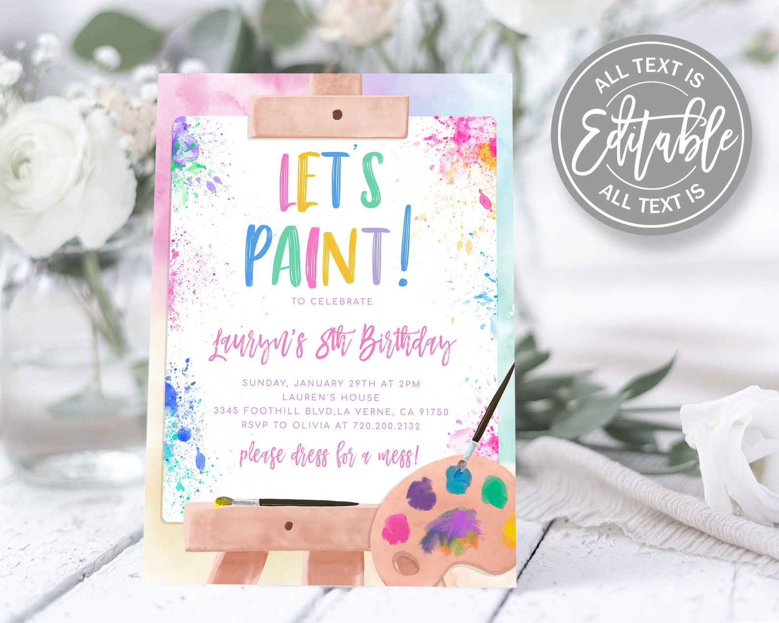 Editable Art Birthday Party Paint Party Invitation Template Pastel ...